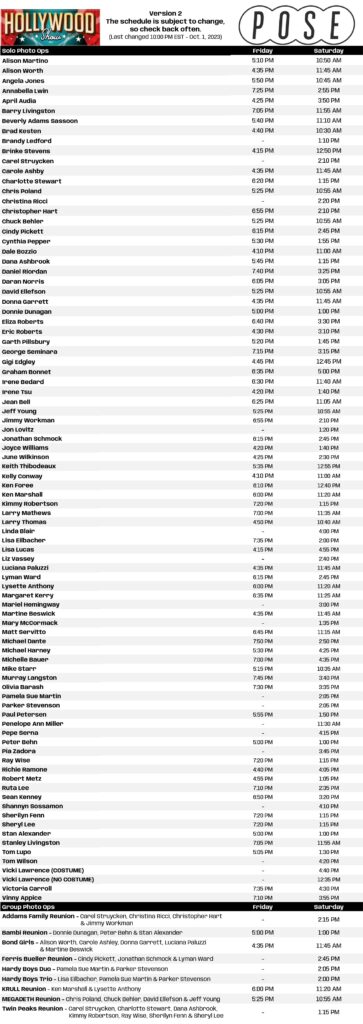 Hollywood Show Fall 2023 PHOTO OP SCHEDULE