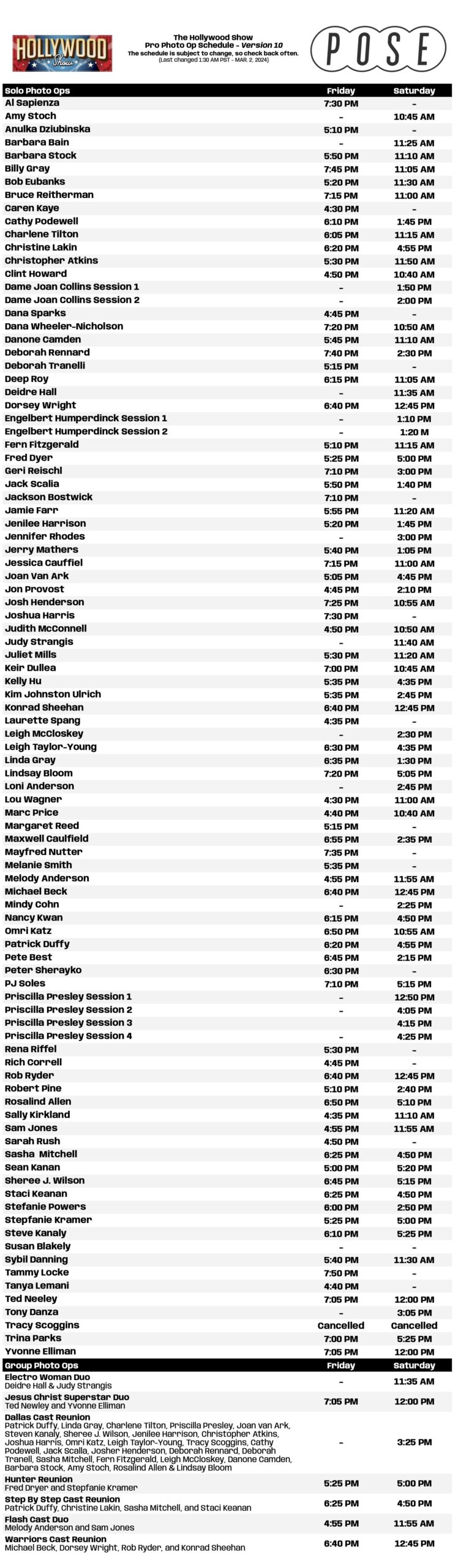 Hollywood Show Spring 2024 PHOTO OP SCHEDULE