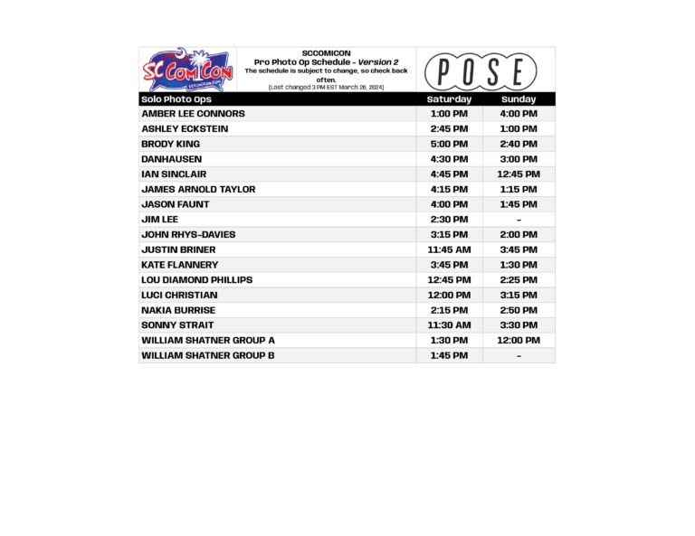 SC COMICON PHOTO OP SCHEDULE