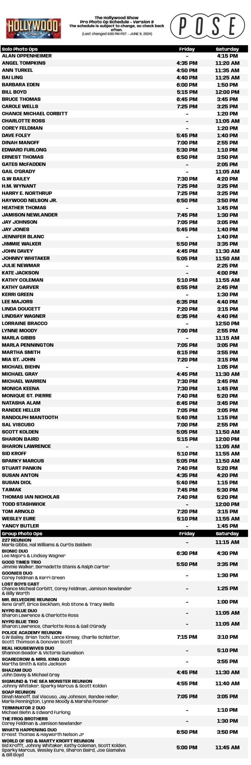 HOLLYWOOD SHOW JUNE 2024 PHOTO OP SCHEDULE