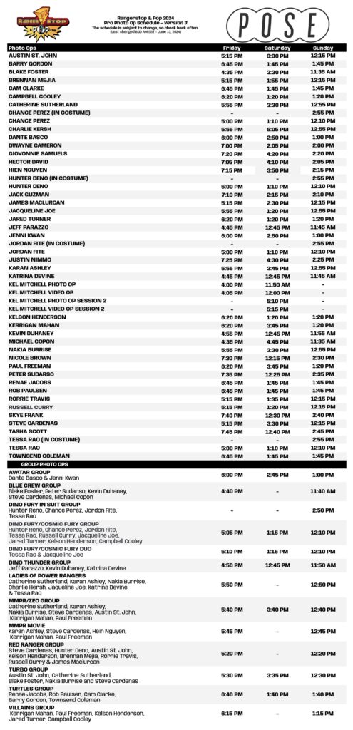 Rangerstop & Pop Photo Op Schedule