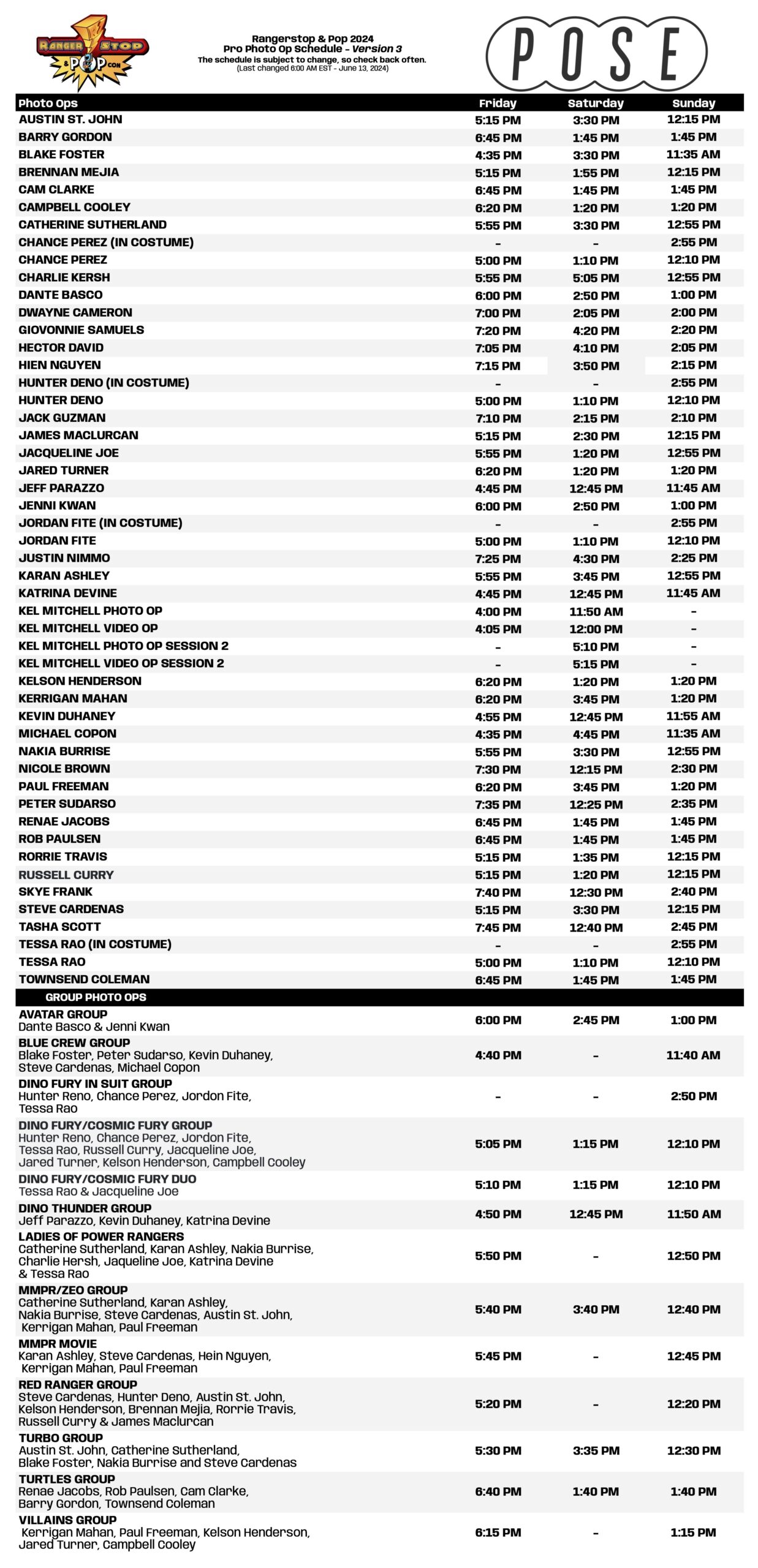 Rangerstop & Pop Photo Op Schedule