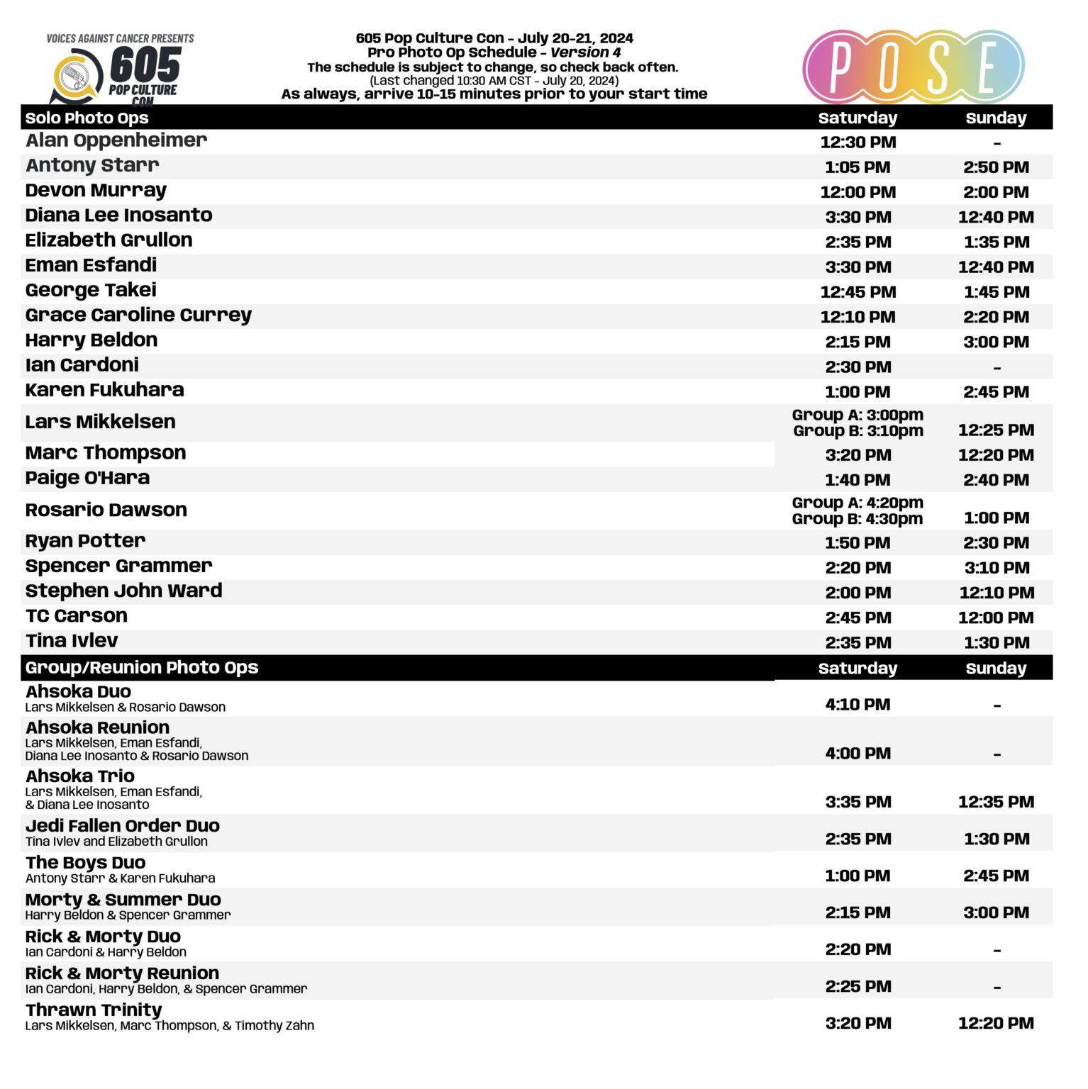 605 Pop Culture Con Photo Op Schedule