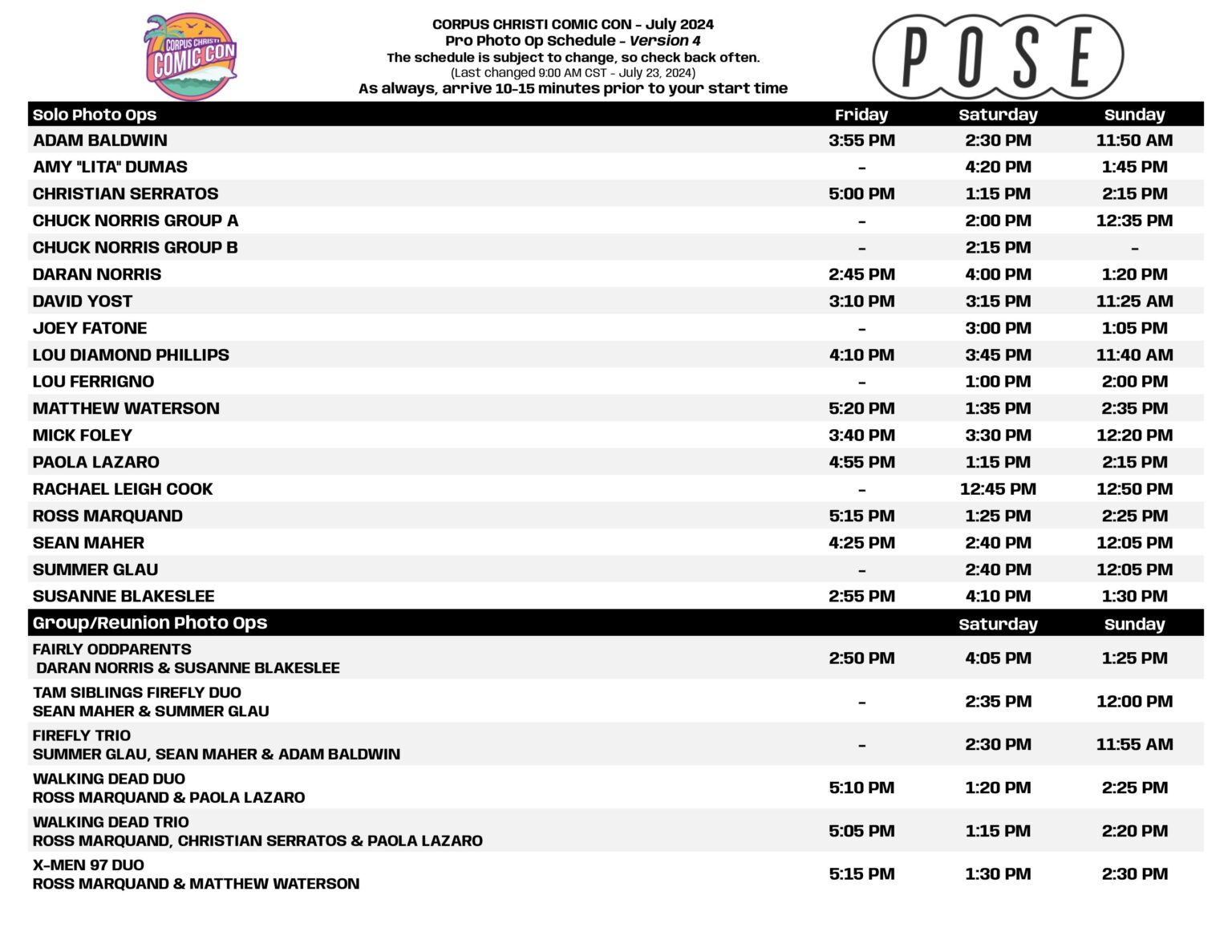 CORPUS CHRISTI COMIC CON 2024 PHOTO OP SCHEDULE