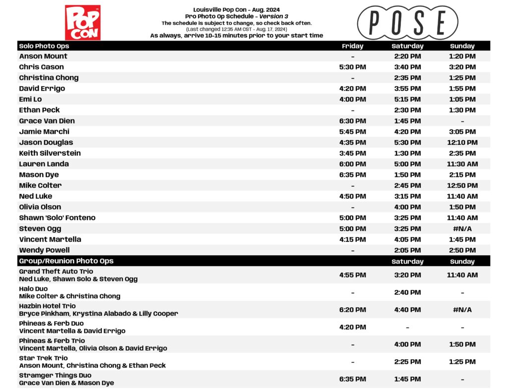 LOUISVILLE POP CON 2024 PHOTO OP SCHEDULE
