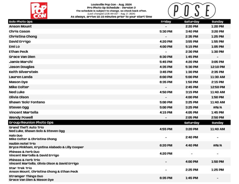LOUISVILLE POP CON 2024 PHOTO OP SCHEDULE