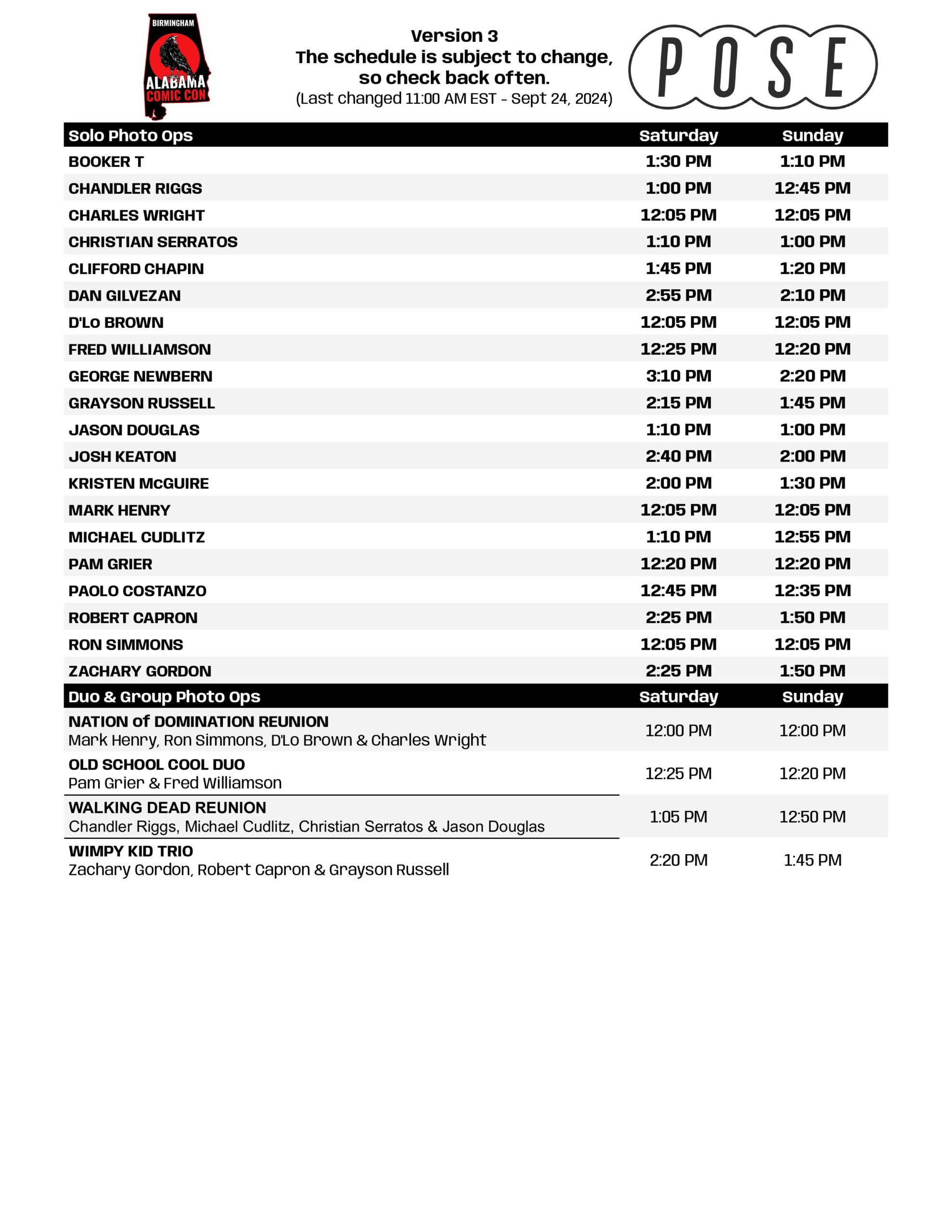 Alabama Comic Con 2024 PHOTO OP SCHEDULE